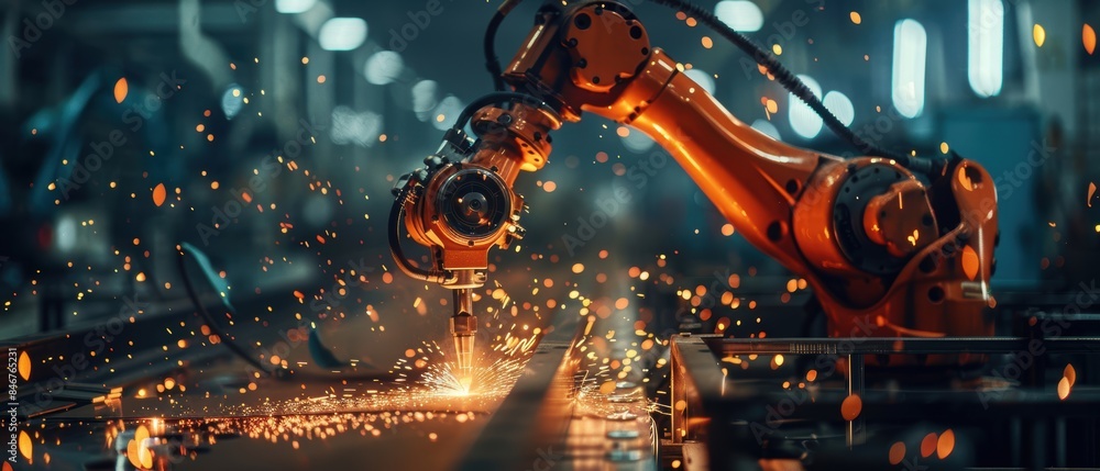 Robotic arm utilizing laser technology to cut materials, sparks in a ...
