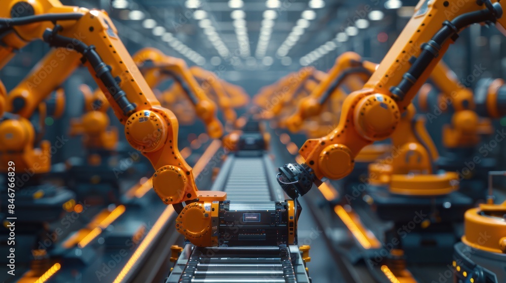 An assembly line of robot arms inside Bright Plant assembles batteries for the automotive ...