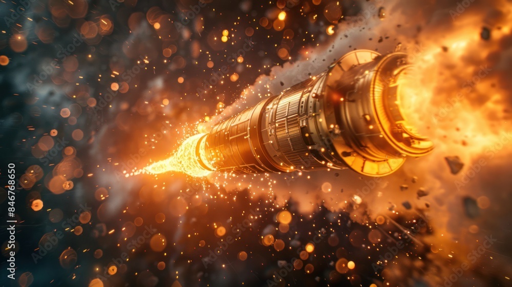 Rocket launch for space exploration. An exploded rocket engine is shown ...