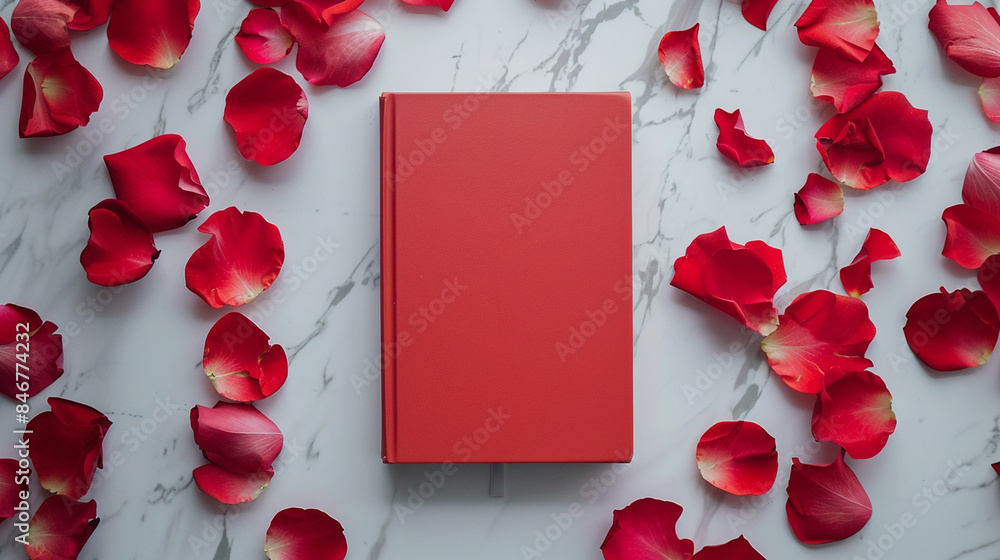 Beautiful red book with rose petal on a solid background, book cover ...