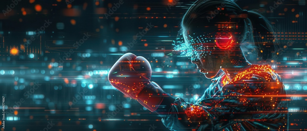 Futuristic digital artwork of a person in boxing pose, featuring neon ...