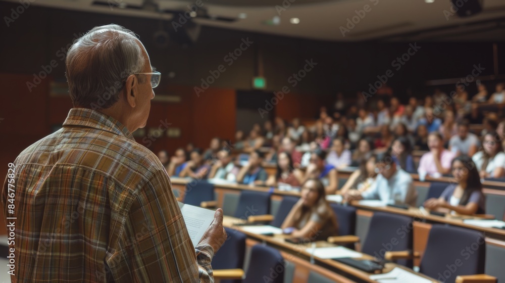Rear view of an adult professor giving a lecture to a large group of ...