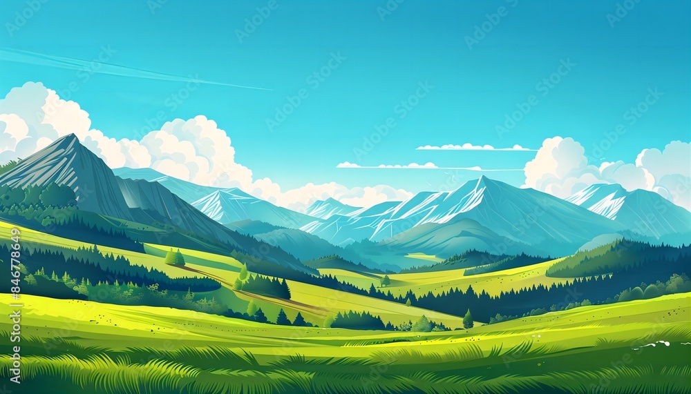 Vibrant Cartoon Illustration of Rolling Hills and Green Fields Under ...