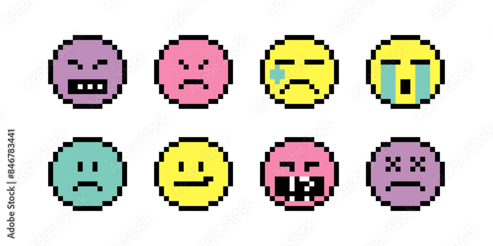 Pixel art emoji smile icon. Sad face. Angry face, swear words. Cry ...