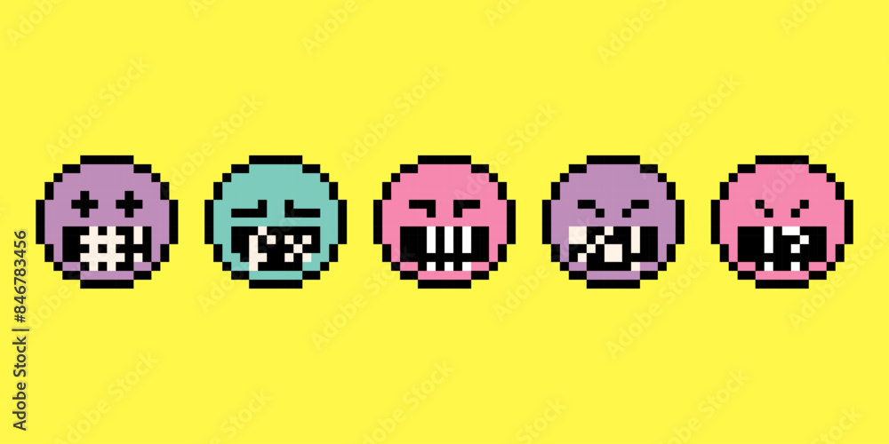 Set of pixel art swearing emoji icon. Angry faces with swear words ...