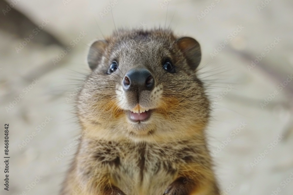 Detailed closeup of a cheerful quokka showing its teeth in a natural ...