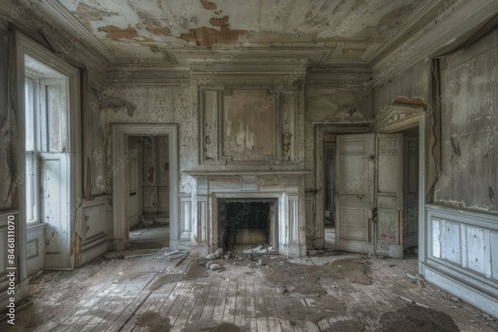 Dilapidated room in an old mansion, featuring a neglected fireplace and ...