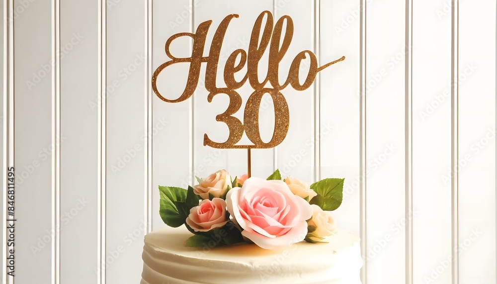Elegant White Cake with "Hello 30" Topper and Soft Pink Roses for a ...