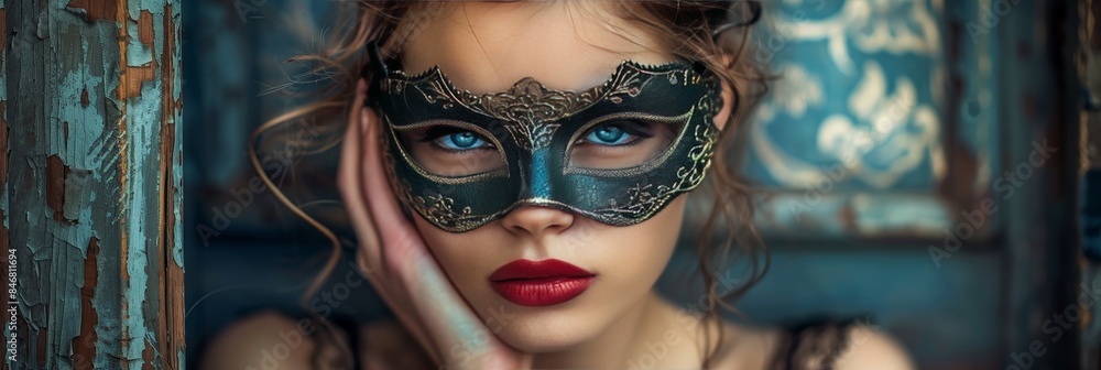 Vintage glam woman in masquerade mask on antique wallpaper for retro ...