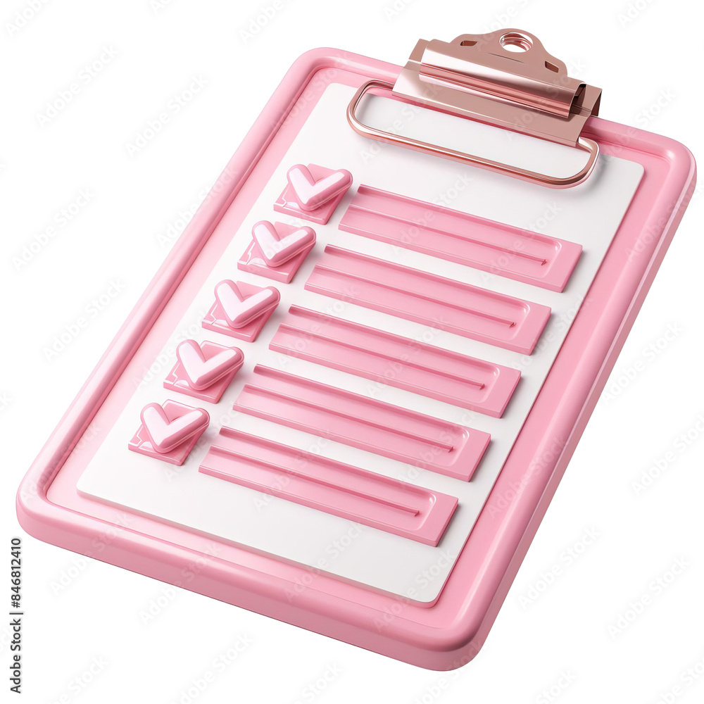 Pink clipboard with checklists and checkmarks on a white background ...