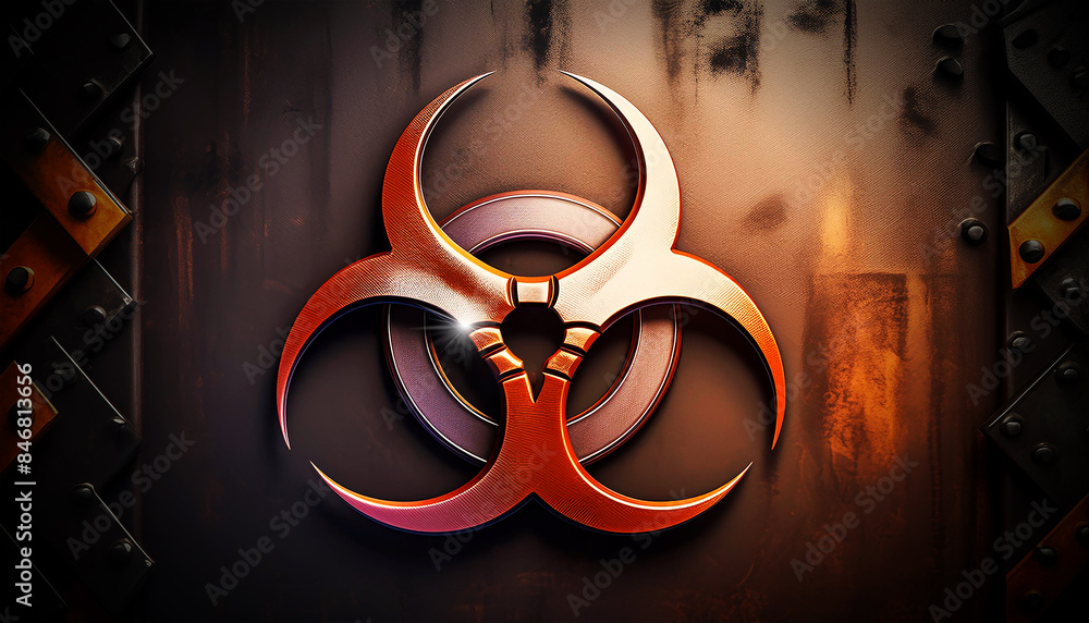 Extreme close-up of a Biohazard sign symbol on a rusty metal wall ...