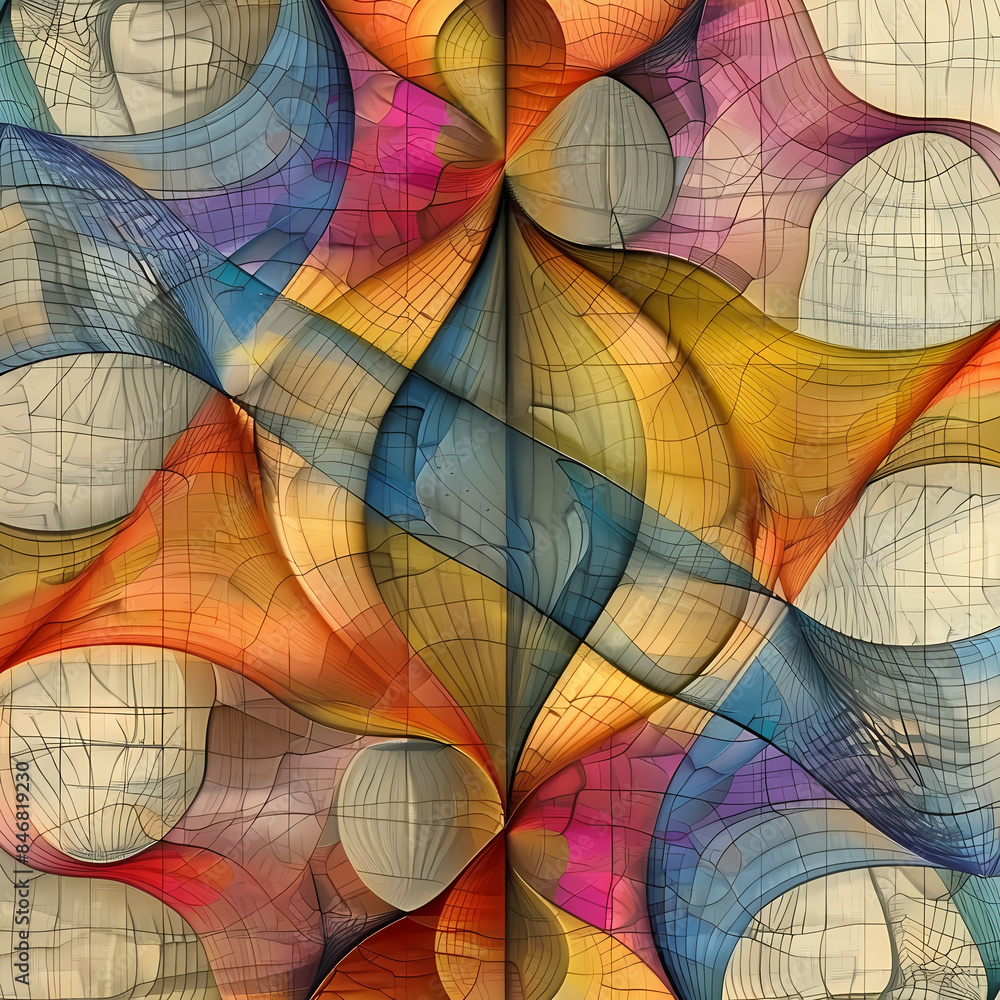 Abstract geometric patterns with colorful curved lines and grids on a ...