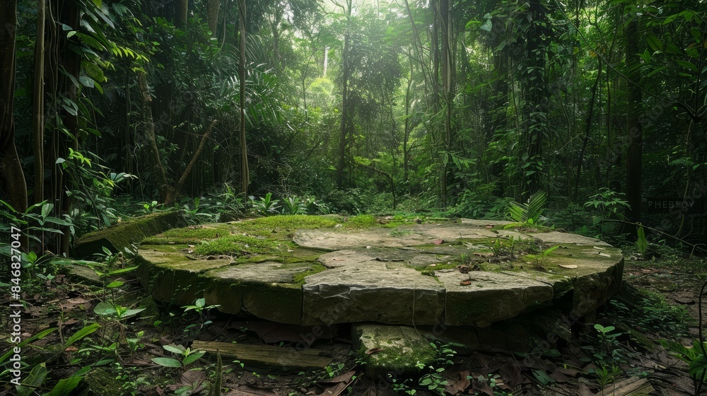 Calm forest clearing with an expansive stone platform, encircled by ...