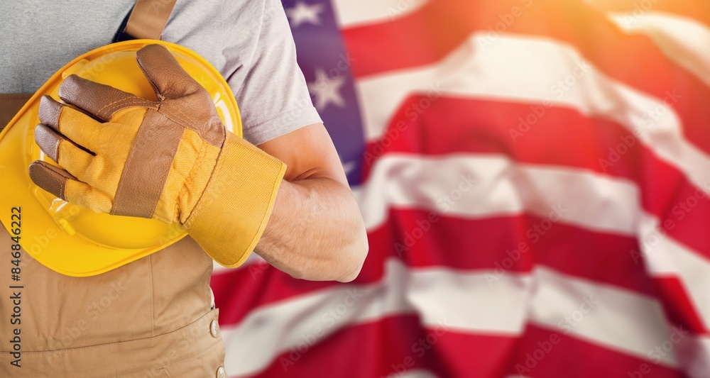 Professional male labour with tools equipment at USA flag background ...