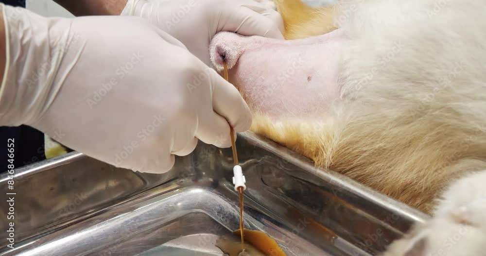 The veterinarian drains urine from the bladder through an inserted ...