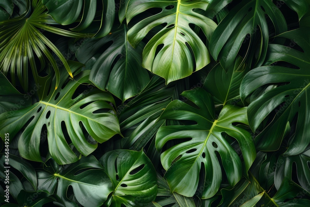 Tropical summer beach background with green exotic leaves, beach shape ...