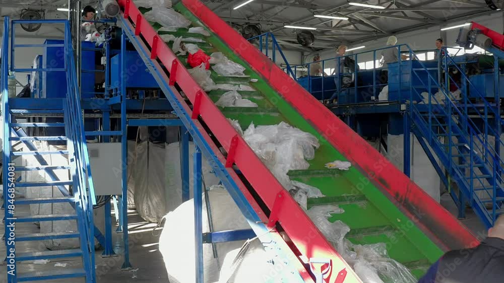 Automated conveyor machine at the industrial recycling factory. Workers ...