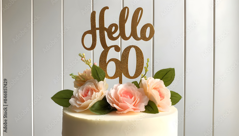 Elegant 60th Birthday Cake with Gold "Hello 60" Topper and Pink Rose ...