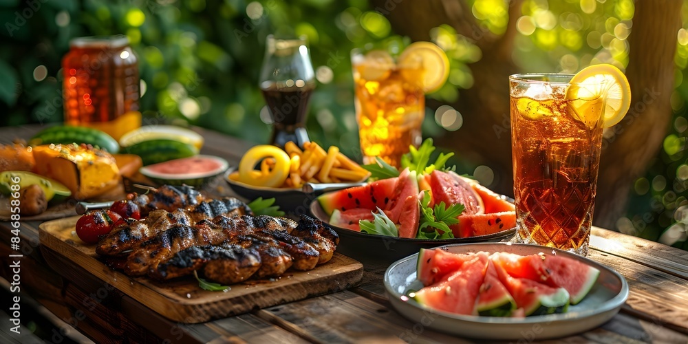 Traditional picnic fare grilled dishes lemonade cola watermelon served ...