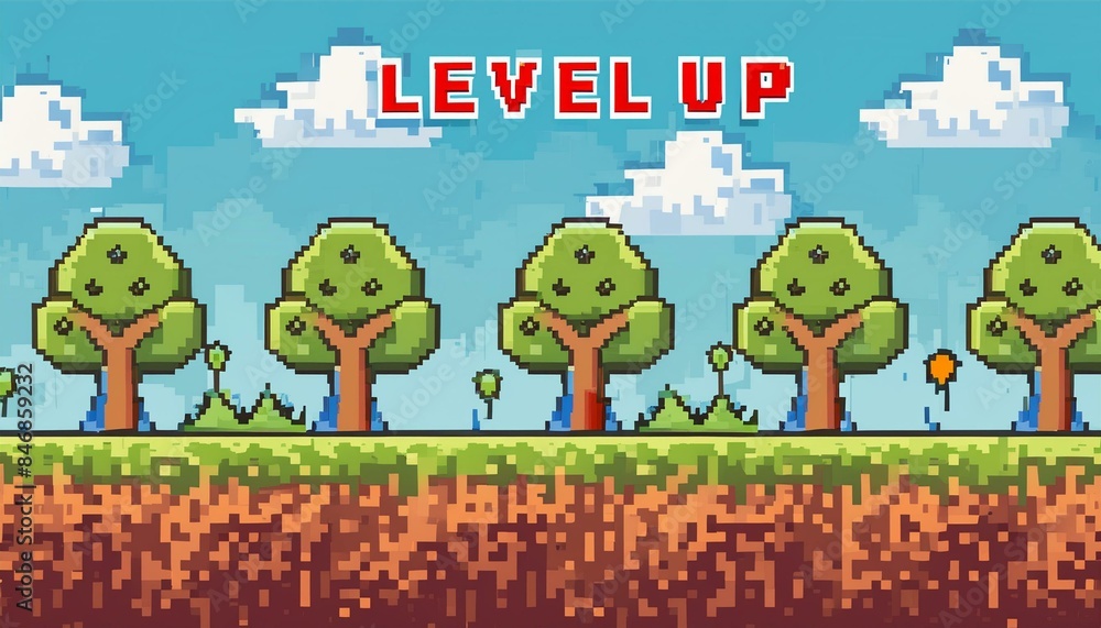 Retro style pixel art game background with level up button Stock ...