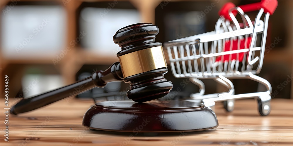 Signs of consumer protection such as gavel, shopping cart, and hammer ...