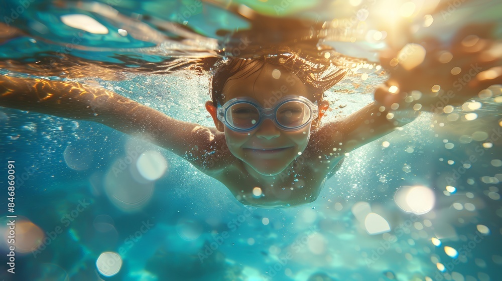 Cute smiling child having fun swimming and diving in the pool at the ...