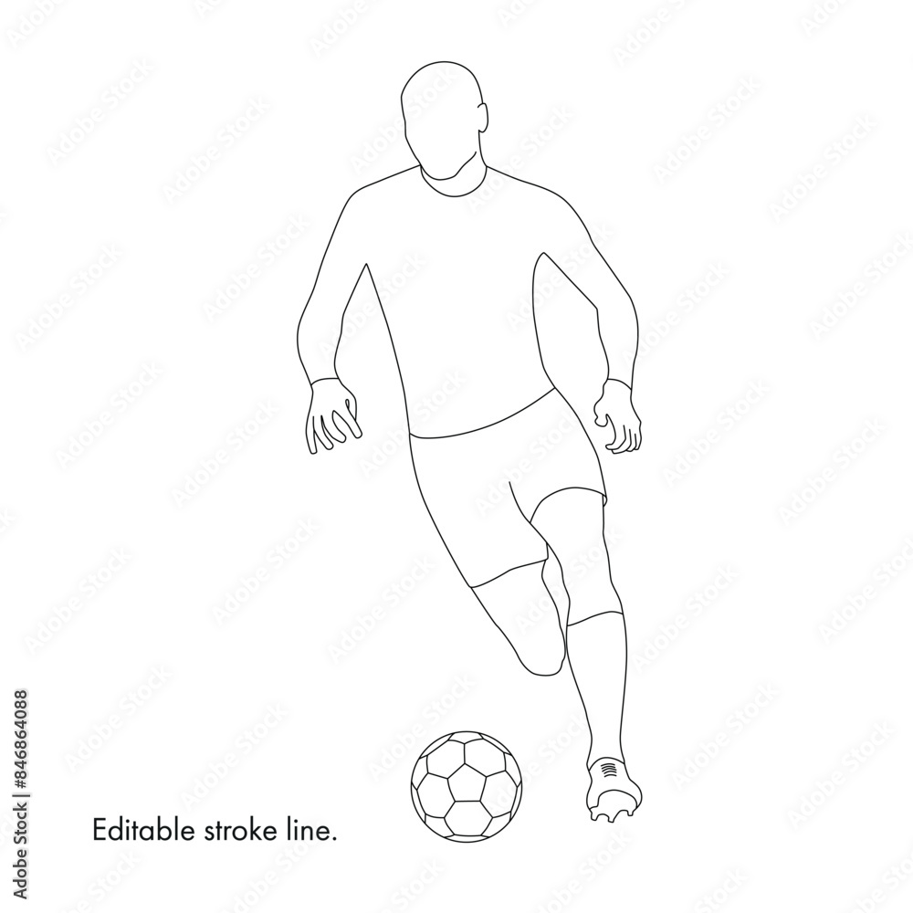 Soccer running player with ball. Vector stock one line hand drawing ...
