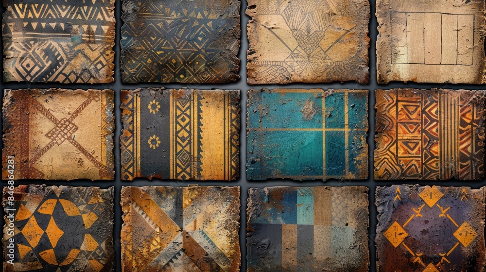 Collection of grunge backgrounds with ethnic patterns on aged paper ...