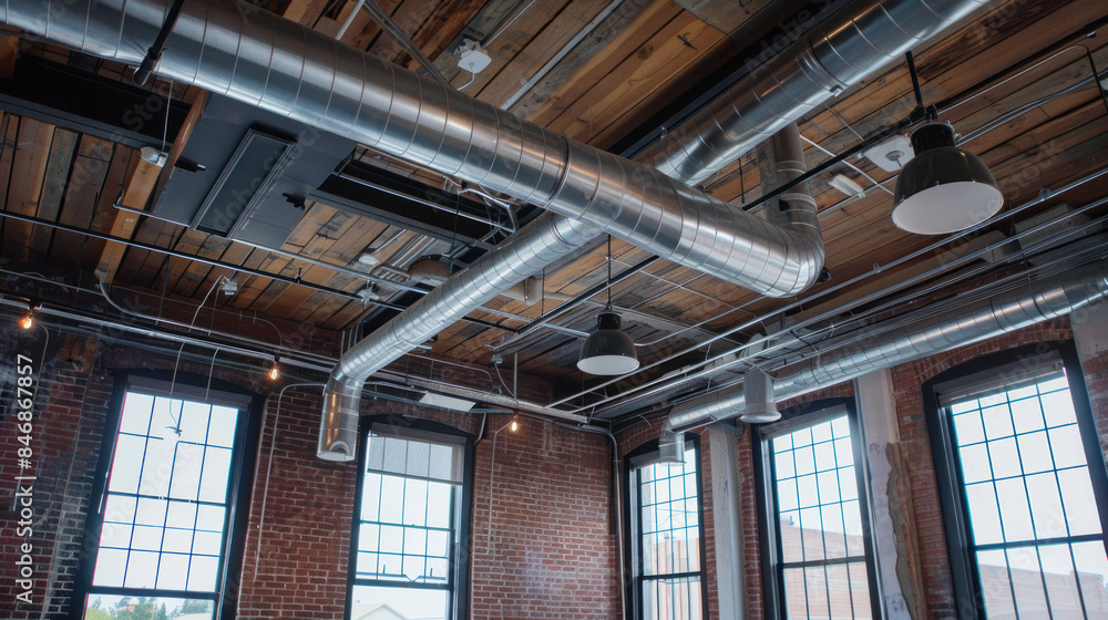 Modern Industrial Loft with Exposed Ducts Showing HVAC System in ...