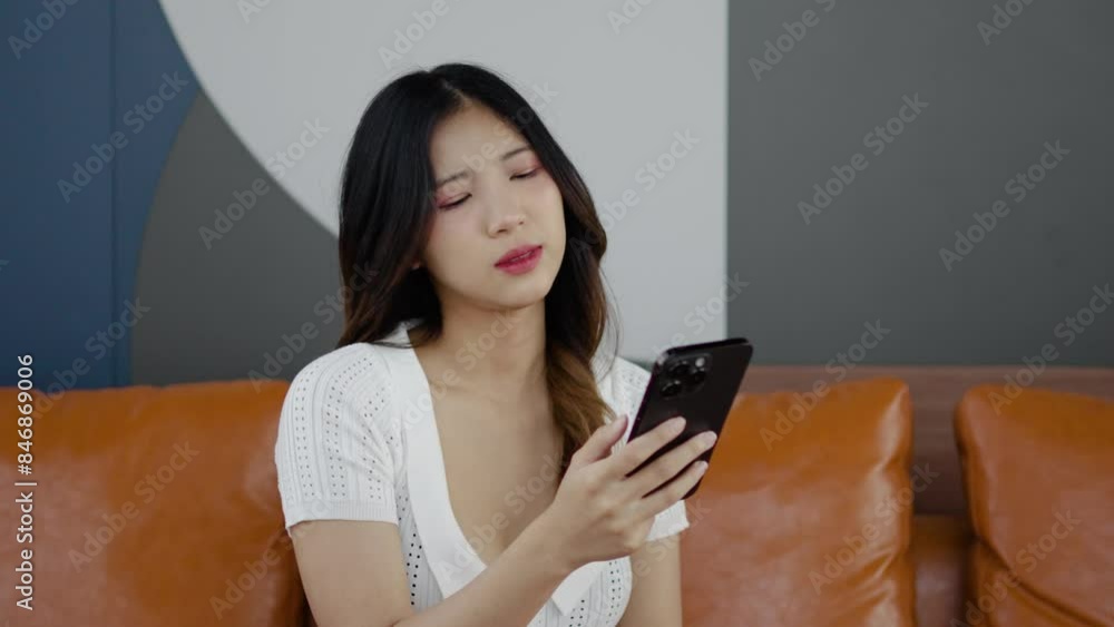 Sad bored young asian woman sitting on sofa at home with telephone ...