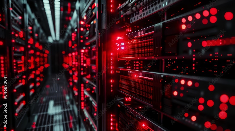 Darkened server racks with blinking red lights indicating a network ...