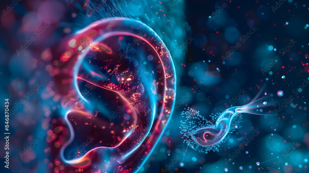 ภาพประกอบสต็อก Digital of a human ear, rendered in glowing particles ...