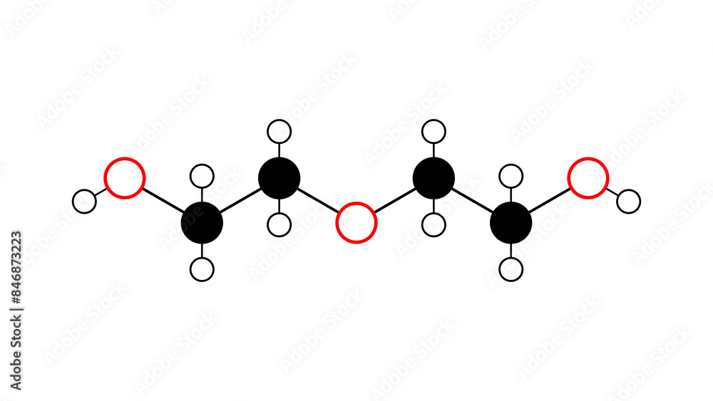 diethylene glycol molecule, structural chemical formula, ball-and-stick ...
