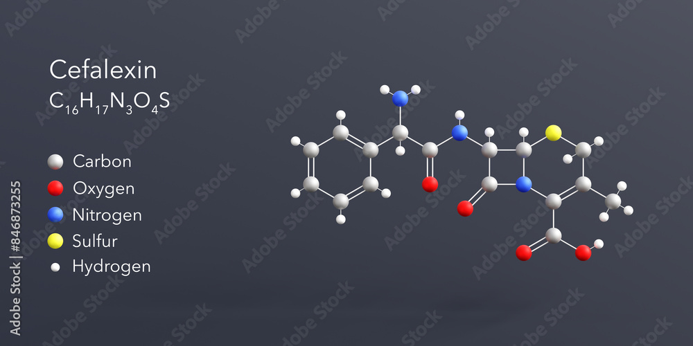 cefalexin molecule 3d rendering, flat molecular structure with chemical ...