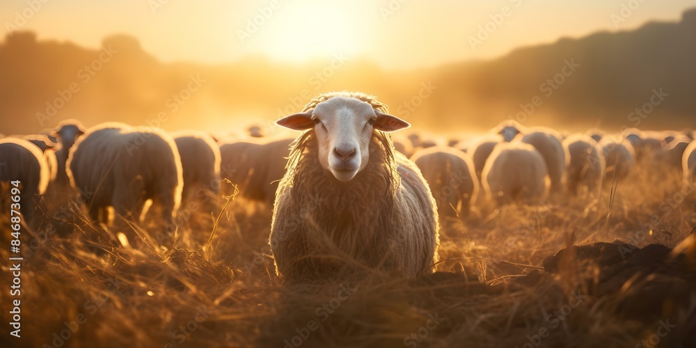 Jesus Leading a Flock of Sheep in a Sunny Field, Engaging in Prayer to God. Concept Biblical ...