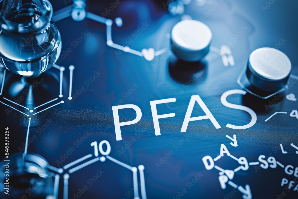 PFAS sign, chemical laboratory background, safety and environmental ...