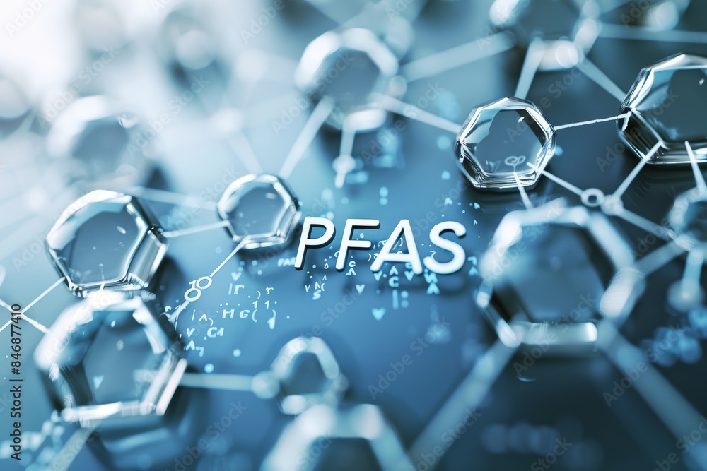 PFAS sign on a chemical structure molecule close up, pollution and ...