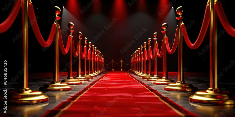 Luxurious red carpet walkway with illuminated spotlights and elegant ...