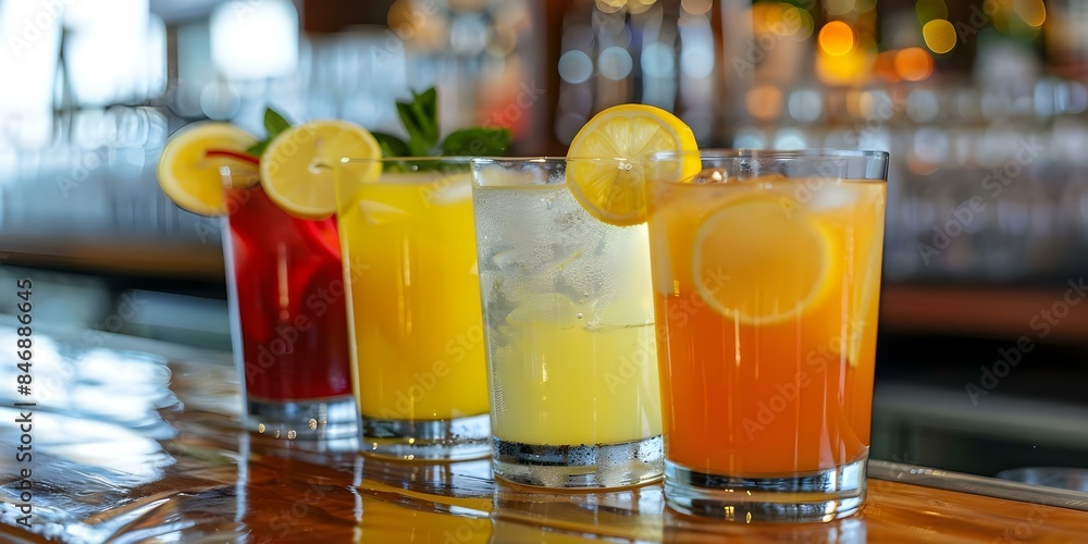 Diverse lemonades at a beach hotel or cruise ship bar counter. Concept ...
