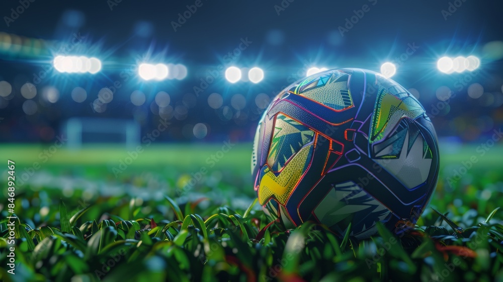 High-Tech Soccer Ball on Stadium Field. A high-tech soccer ball in ...