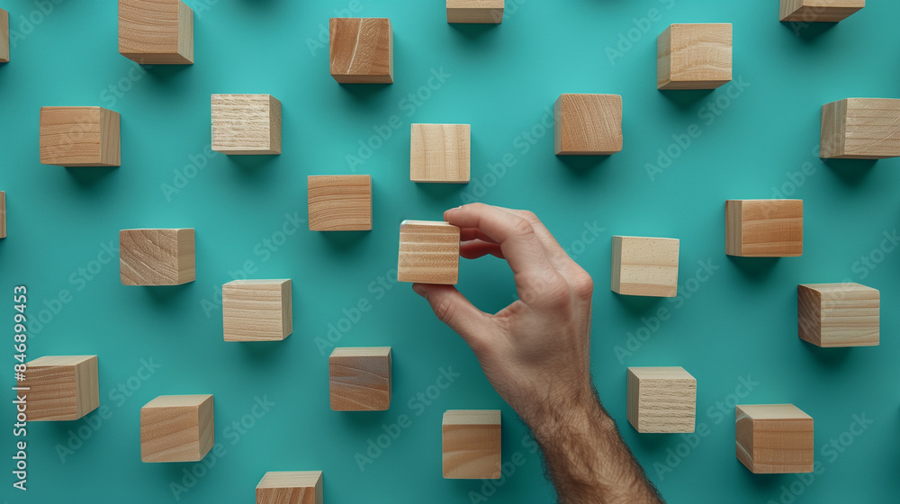 A hand arranges wooden blocks in a pyramid structure, symbolizing the ...