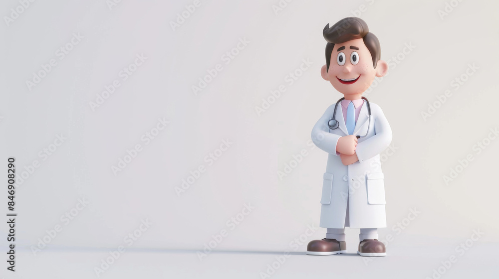 An animated male doctor in a white coat and stethoscope standing ...
