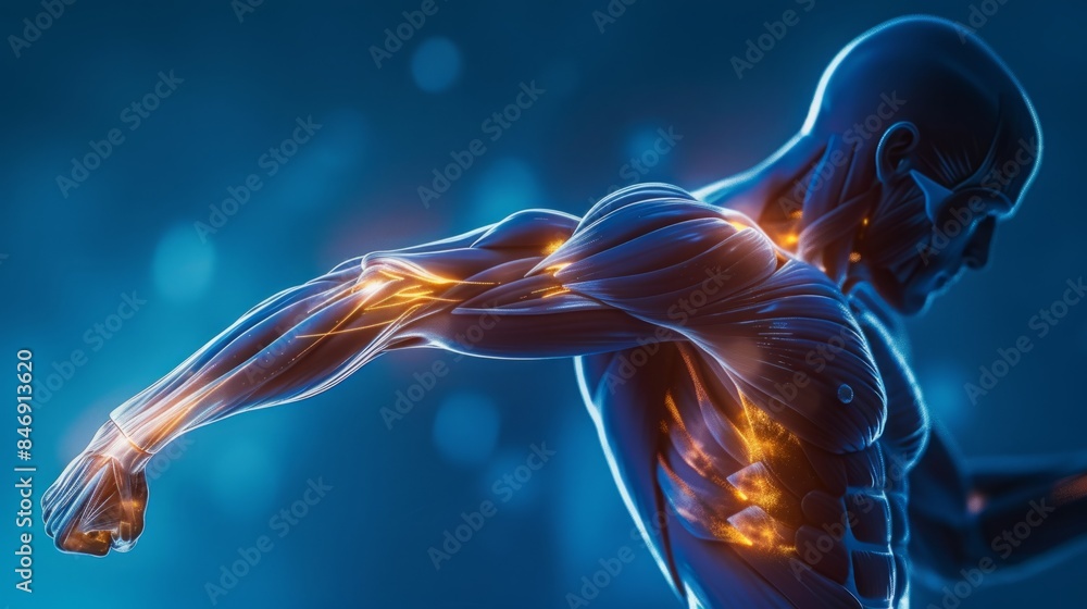 A digital illustration of a male anatomy, highlighting the muscle ...