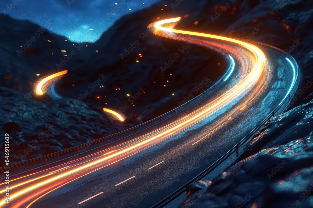 glowing headlight trails on winding road at night futuristic ai ...