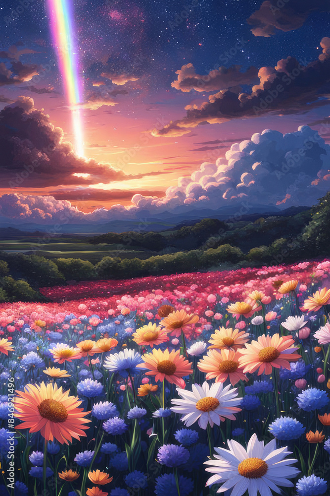 Generative AI Beautiful Niji Anime scenery of a beauty flower fields ...