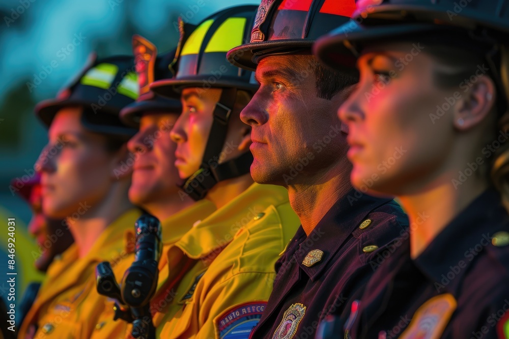 A group of firefighters, paramedics, and police officers standing ...