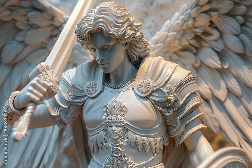 majestic statue of archangel michael with sword religious sculpture artwork Stock Illustration ...