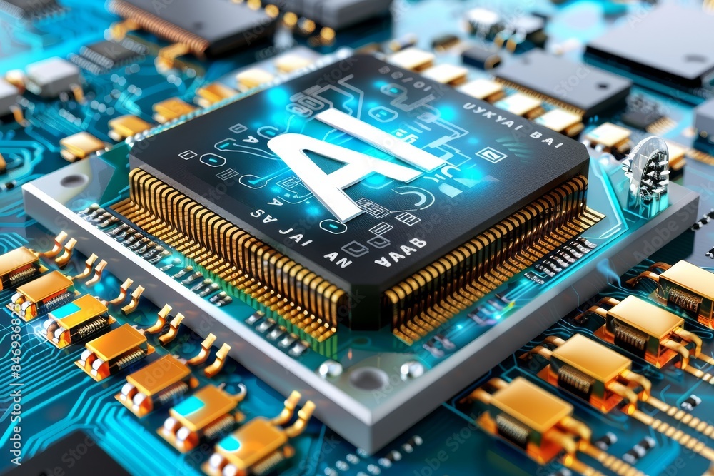 AI microchip with neon lights, digital art, technology innovation ...