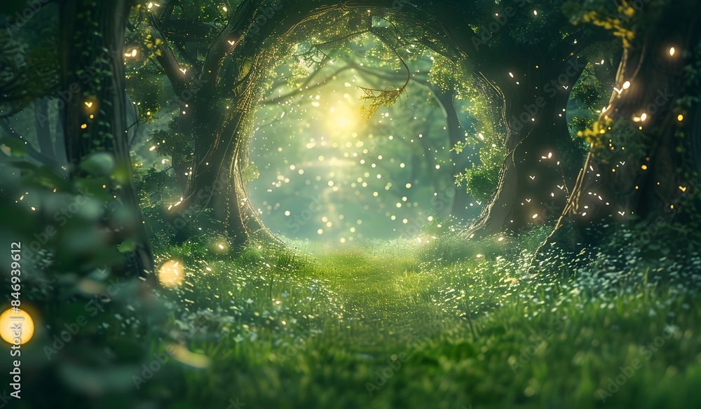 Fantasy forest with a magical tunnel made of trees, a fantasy landscape ...