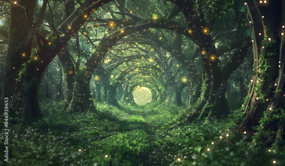 Fantasy forest with a magical tunnel made of trees, a fantasy landscape ...